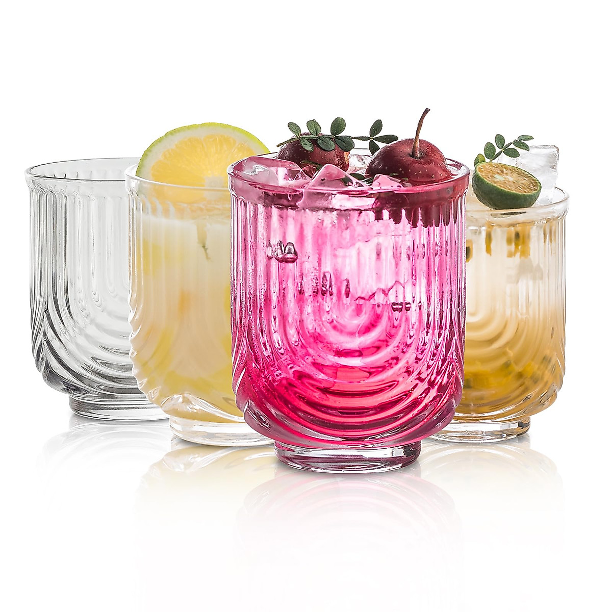 KEMORELA Drinking Glasses Art Deco Cocktail Glasses Set of 4 Glass Cups, Arch Design Glassware, Trendy Ripple Glass, Beverages Ice Coffee Cup, Ideal for Whiskey, Beer, Juice, Water (4Pcs 12Oz)