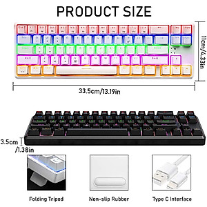 Wireless Mechanical Gaming Keyboard,60% Ultra-Compact Blue Backlit Rechargeable Bluetooth Dual Wired/Wireless Blue Switches Computer Keyboard for Multi-Device Phone Android Mobile(White Rainbow)