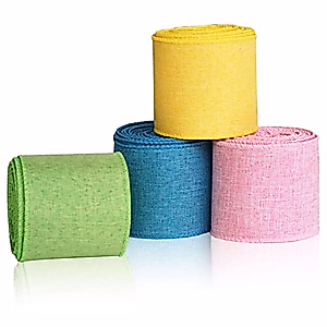Cintago 4 Rolls Easter Ribbon Wired, Burlap Pastel Easter Ribbon, Wired Ribbon for Easter Wreath Decor, Pink, Yellow, Blue and Green, 2 1/2 inches, 24 Yards