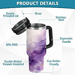 FRCSDIY Marble Insulated Tumbler with Handle and Straw Lid,40oz Leakproof Stainless Steel Cup BPA-Free Water Bottle