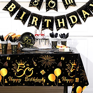 Remagr 6 Pack 50th Birthday Tablecloth Disposable Plastic Happy Birthday Table Cover Rectangular Black and Gold Table Cloths 50th Birthday Decorations Men Women, 54 x 108 Inch(50th)
