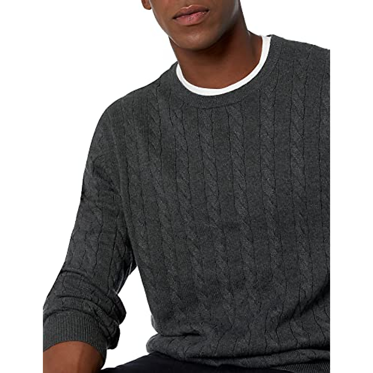 Amazon Essentials Men's Crewneck Cable Cotton Sweater, Charcoal Heather, Large
