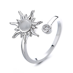 Asymmetric Rotatable Spinner CZ Ring for Women Girls Anti Anxiety Stress Relief Peace Fidget Rings Silver Plating Cute Daisy Sun Star Wrap Open Finger Knuckle Statement Ring Christmas Valentines