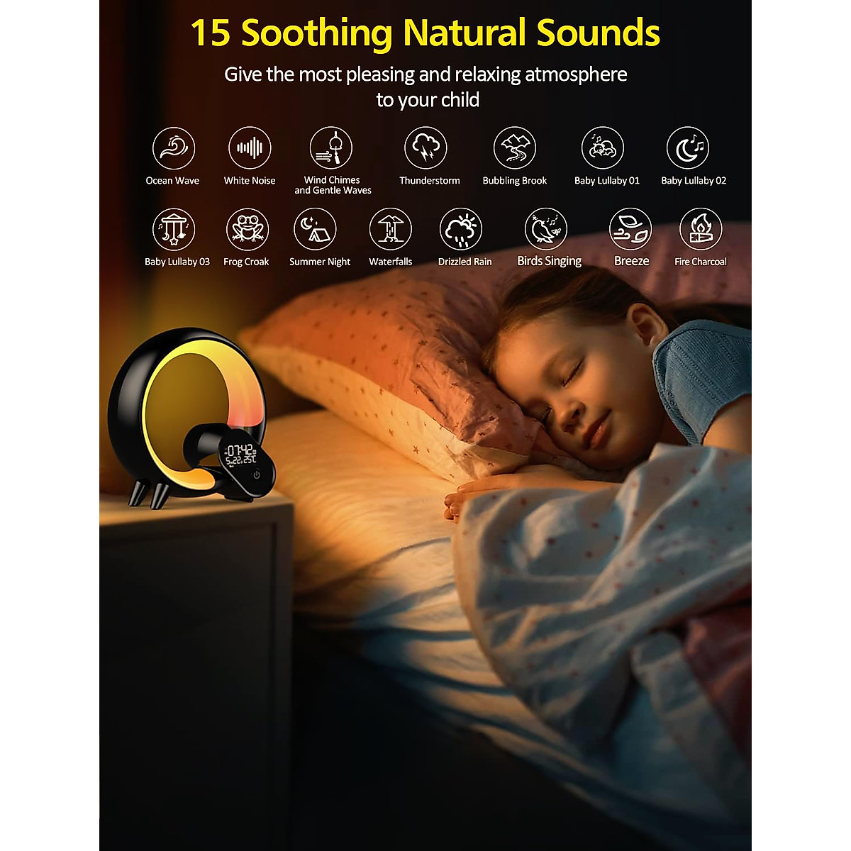 Smart Night Light for Kids,Wake Up Light Sunrise Alarm Clock,Ambient Light & Sleep Assistant 15 Soothing Sounds Baby Night Light,App,Bluetooth Speaker,Bedside Lamp,Timer,Remote Control,Ideal for GIF