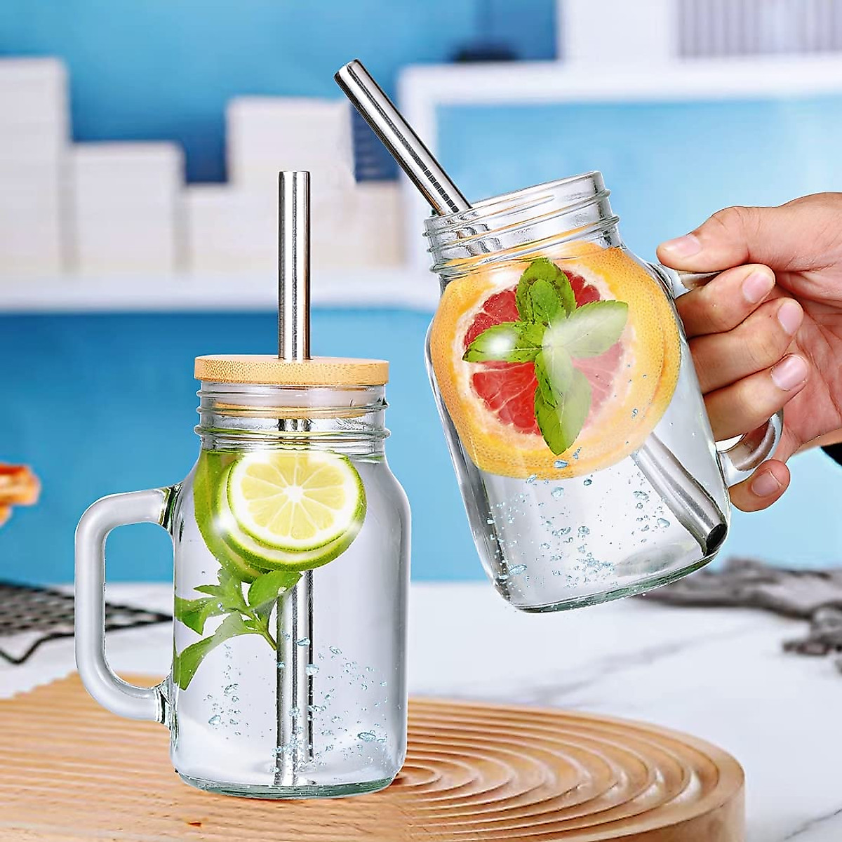 AmzFan Mason Jar with Lid and Straw, 2 Pack 20 OZ Mason Jars with Handle, Mason Jar Cups, Drinking Glasses Tumbler Reusable Boba Cups Smoothie Water Bottles for Iced Coffee, Milkshake, Smoothie, Tea