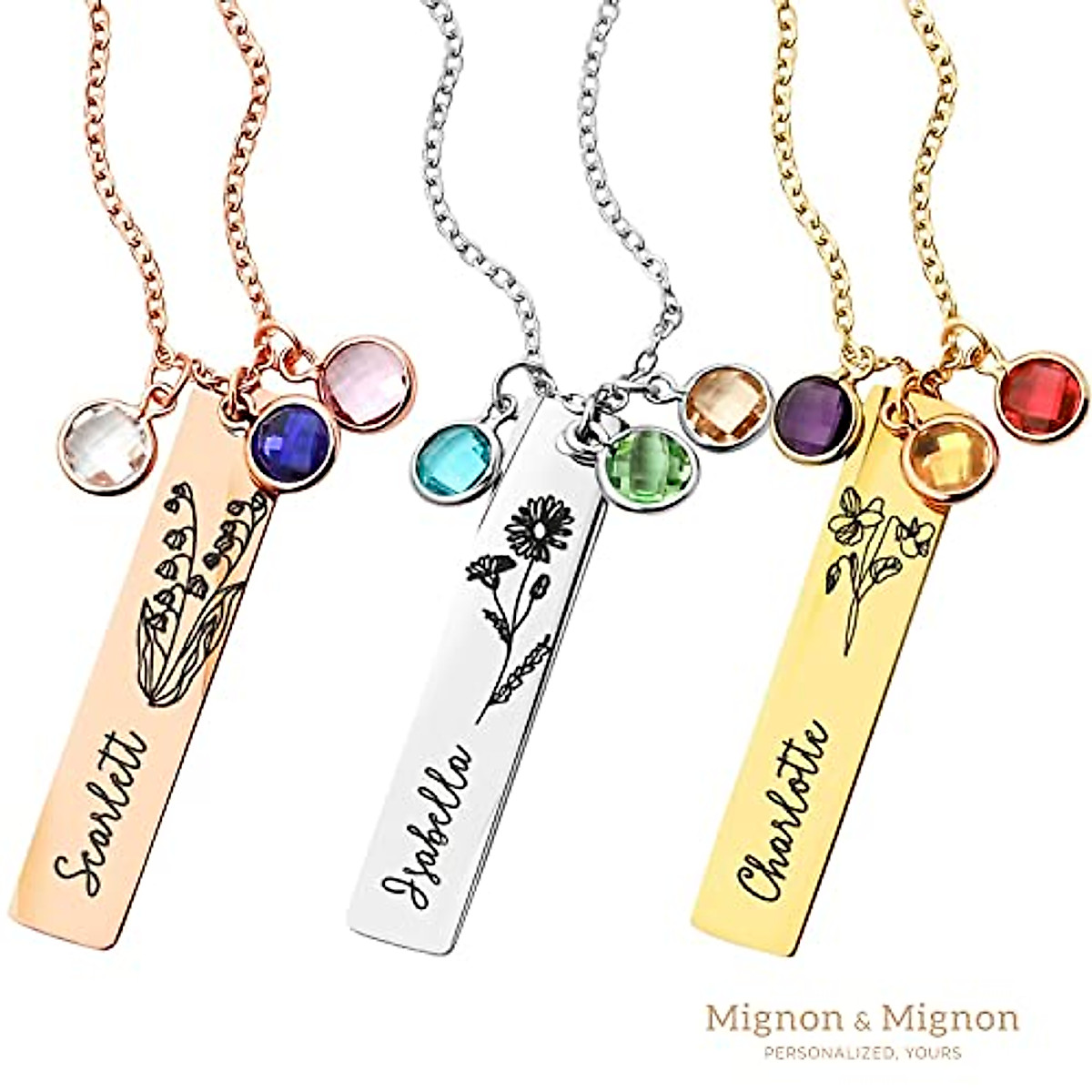 MignonandMignon Silver Custom Birthstone Necklace Birth Flower Name Personalized Gift for Her Bar Name Necklace for Mom Mothers Day Gift Floral Jewelry Handmade Jewelry -8N-FLBS-S