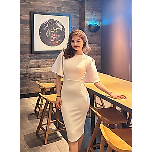 Memoriesea Women's Basic Bodycon Ruffle Flared Short Sleeve Pencil Midi Dress White