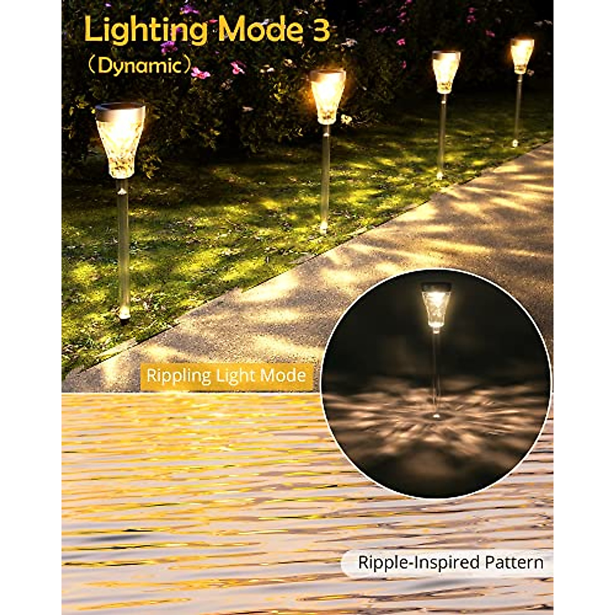 JACKYLED 8 Pack Solar Pathway Lights with Ripple Effect, 3 Modes, Solar Walkway Lights Outdoor Waterproof Garden Landscape Decorative Lighting Auto On/Off for Path Driveway Backyard Lawn