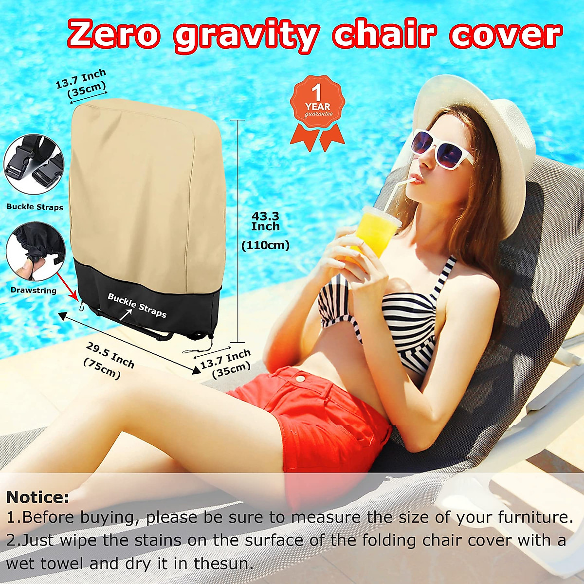 Aofeite Outdoor Folding Zero Gravity Chair Covers, Upgraded Oversized Durable Recliner Cover,420D Oxford Waterproof UV Resistant Lawn Beach Chair Patio Furniture Covers (43Inch Beige)