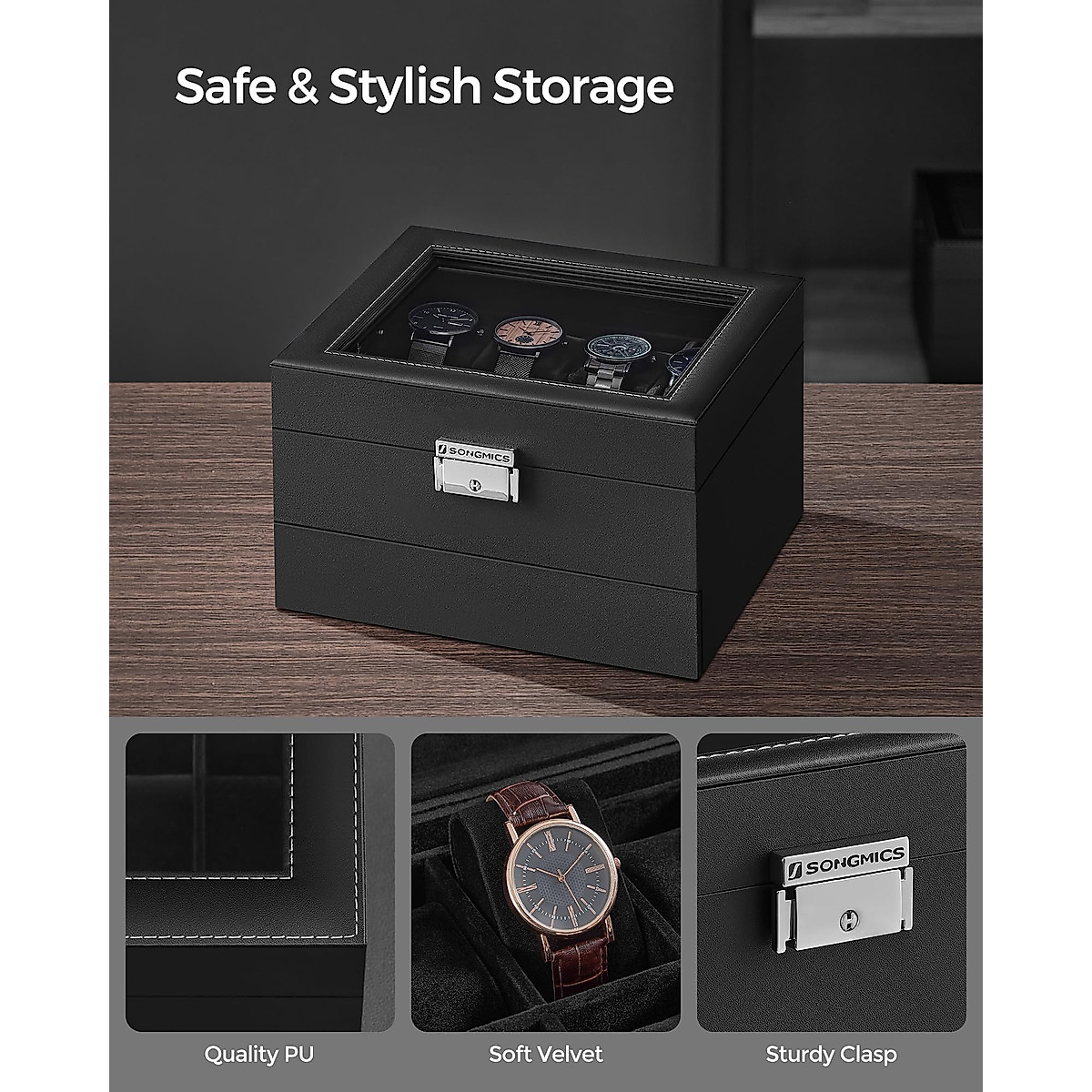 SONGMICS 8-Slot Watch Box, Lockable Watch Case with Glass Lid, 2 Layers, with 1 Drawer for Rings, Bracelets, Gift Idea, Black Synthetic Leather, Black Lining UJWB080B01
