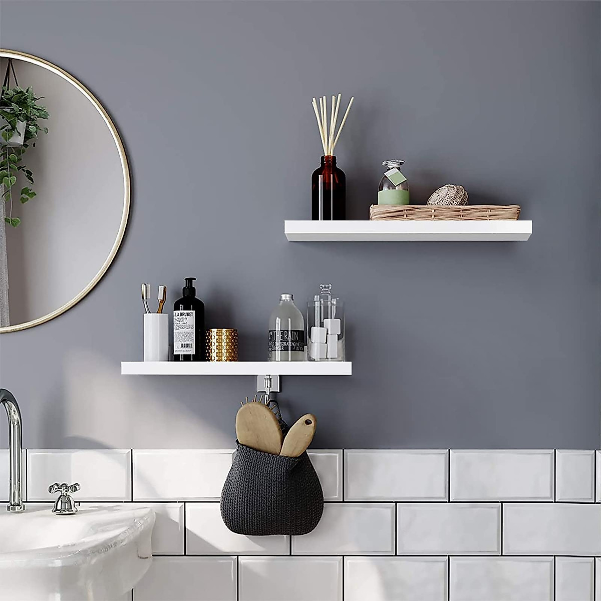 White Floating Shelves Set of 3,Wall Mounted Modern Wood White Floating Wall Shelves Storage Shelf for for Wall Decor, Bedroom, Living Room, Kitchen,Bathroom(White, Set of 3, 17in)