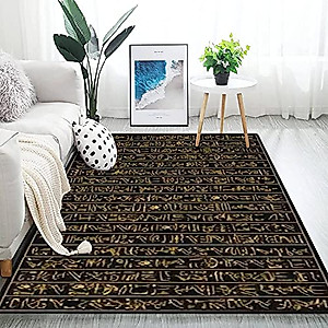 Modern 3D Home Area Rugs Ancient Golden Egyptian Hieroglyphs Alphabet Over Black Ancient Carpets Non-Slip Extra Size Yoga Mat Runner Rug for Living Room Bedroom Girls Playroom Home Decor