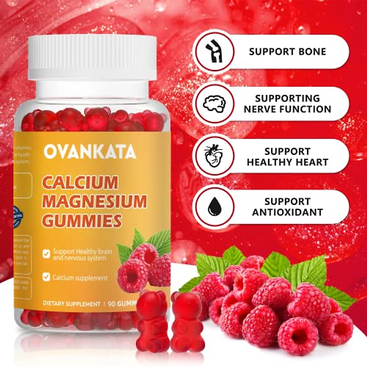 OVANKATA Calcium Magnesium Gummies with High Absorption 300mg Calcium 51mg Magnesium Citrate, Vitamin D3, Support for Bone, Leg Cramps & Muscles Relaxation, Vegan, 60 Gummies