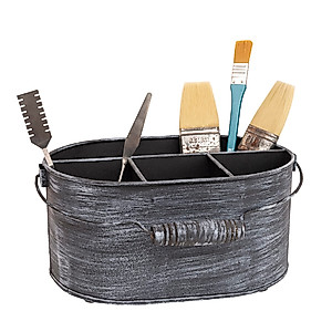 GoCraft Farmhouse Galvanized Metal Flatware Caddy | Rustic Grey Kitchen Home Storage Organiser with 4 Compartments and Handle | Multipurpose Carry-All Utensil Cutlery Napkin Holder