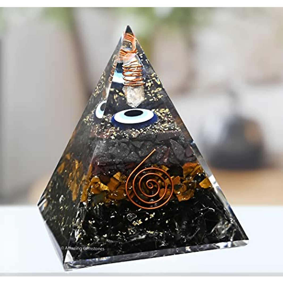 Organite Orgone Pyramid Extra Large 95 MM - Orgone Energy Pyramid with Evil Eye, Hematite, Tiger Eye, Black Obsidian Crystals and Healing Stone - Orgonite Pyramids Crystals and Positive Energy