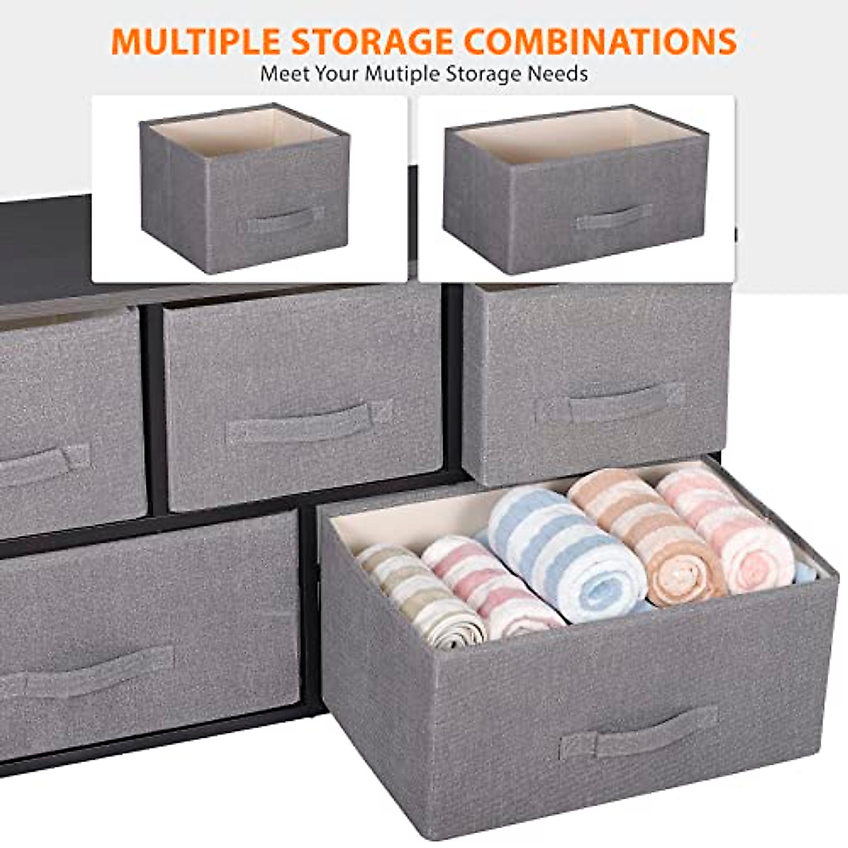 ZENY Extra Wide Dresser Storage Tower - Storage Tower Unit for Bedroom, Hallway, Closet, Office Organization - Steel Frame, Wood Top, Easy Pull Fabric Bins - 5 Drawers, Grey Top