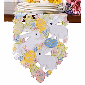 Easter Table Runner Spring Bunnys Flowery Table Runner Cutwork Embroidered Floral and Bunnys Dresser Scarf Table Topper Home Kitchen Dining Tabletop Decoration (Runner 13"×36", Bunny)