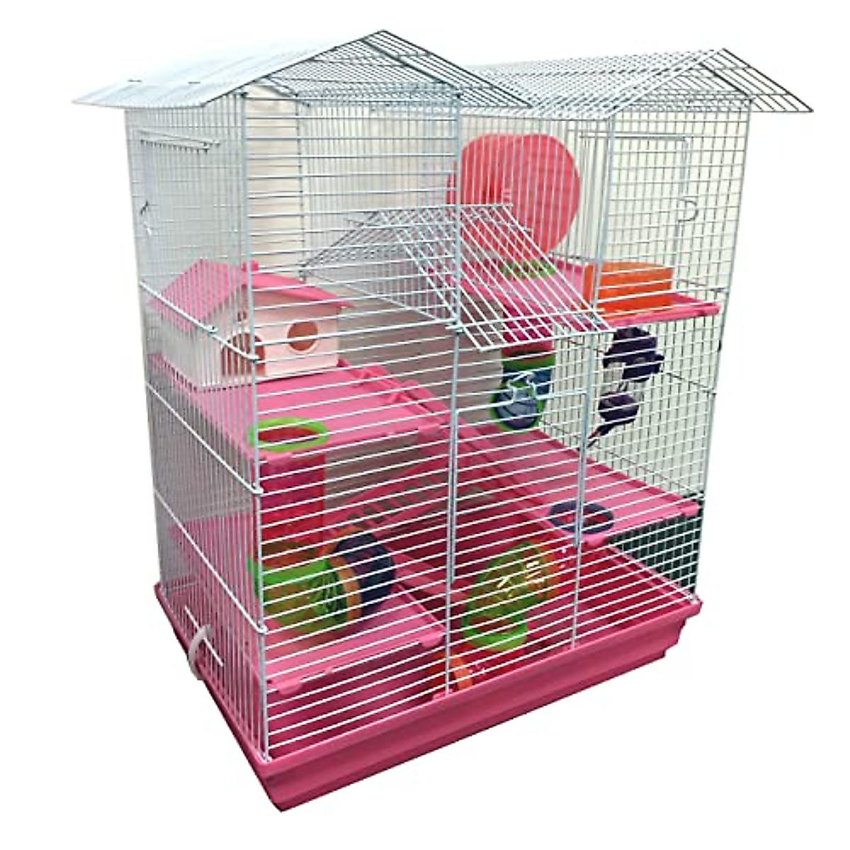 Large 5-Floor Twin Towner Play Tube Habitat Syrian Hamster Rodent Gerbil Mouse Mice Rat Wire Animal Critter Cage (Pink)