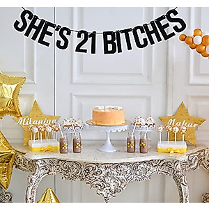 She's 21 Bitches Banner, Girls 21st Birthday Party Decorations, Cheers to 21 Years, 21st Birthday Decorations for Women Black Glitter