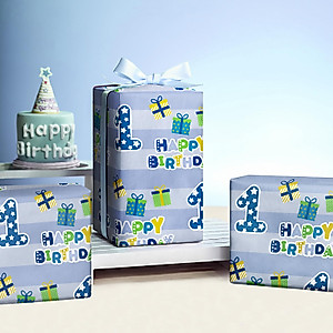 WRAPAHOLIC 1st Birthday Wrapping Paper Sheet - 6 Sheets Blue Happy Birthday with Gift Box Design Folded Flat for Birthday, Party, Baby Showers - 19.7 Inch X 27.5 Inch Per Sheet