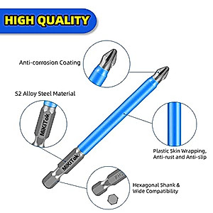 Phillips Magnetic Screwdriver Bit Set, MIKITOK(9PCS) S2 Alloy Steel Anti-Slip Long Drill Bits, 1/4 Hex Shank, Fine Tooth Design, Strong MagnetismWith Cleaning Brush for Electric Drill Bits…