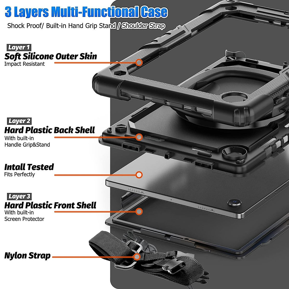 VetvonSamsung Galaxy Tab A8 10.5 Case (SM-X200/X205/X207)-Heavy Duty Protection Shockproof Case,360°Rotating Hand Stand with Pencil Holder Adjustable Shoulder Strap for Galaxy tab A8 Case-Black