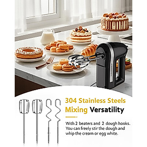 Z-DESDEMONA Electric Hand Mixer, Powerful 300W Hand Mixer Electric Handheld with 304 Beaters, Dough Hook,Hand Held Mixer with Turbo for Baking Cakes, Eggs, Cream Food(Black)