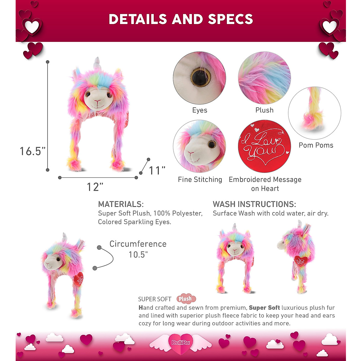 DolliBu I Love You Valentine Plush Rainbow Llamacorn Hat - Cute Stuffed Animal with Red Heart and Name Personalization Gift