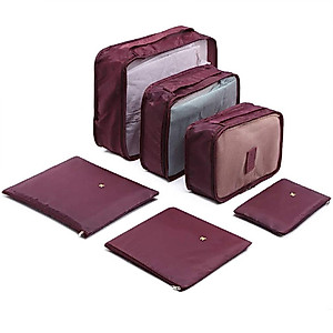 Storage Bags with Shoe Travel Cubes Carry on Packing Luggage Set 6 Organizers Portable Housekepping Packing Room Organizers Boxes for Car Travel Outside Moving Laundry(Burgundy)