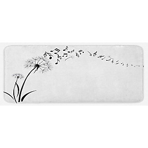 Ambesonne Music Kitchen Mat, Flying Dandelions Notes Summer Spring Meadow Silhouette Softness Simple Print, Plush Decorative Kitchen Mat with Non Slip Backing, 47" X 19", Black and White
