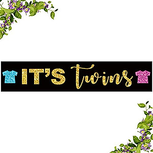 It's Twins Large Banner, Glitter Boy and Girl Twins Baby Shower Yard Sign, Gender Reveal Party for Babies Outdoor Garden Decoration Supplies (9.8 * 1.6 feet)