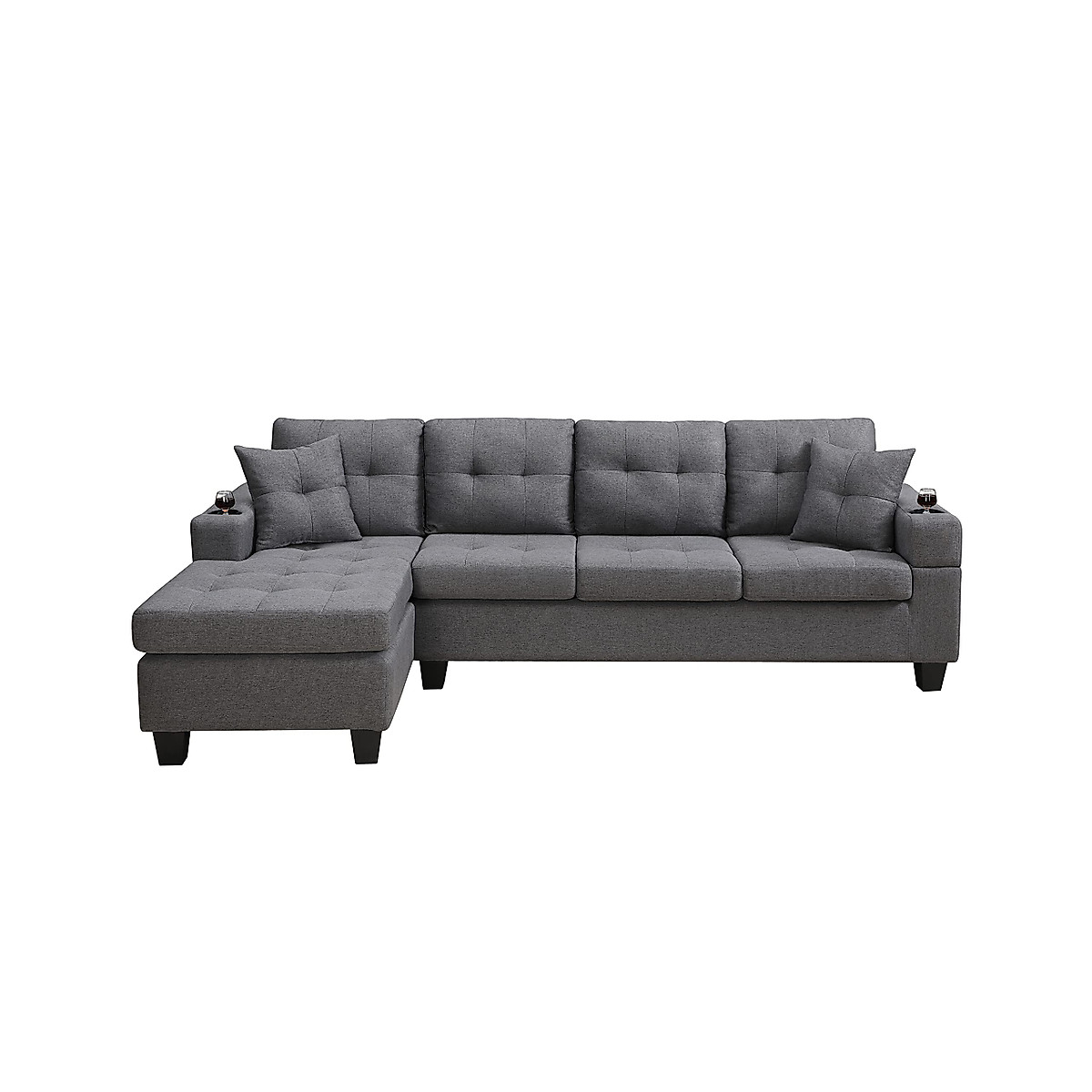 BIADNBZ Sectional Sofa L-Shape, Modern Furniture 4-seat Couch with Reversible Chaise Lounge, 2 Pillows and Cupholders Design, Suit for Living Room Office Apartment, Gray