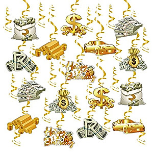 UOMNICUE Money Party Decorations 30PCS Gold Money Theme Hanging Swirls Happy Birthday Money Bag Money Theme Birthday Party Decorations for Adults Bachelorette Retirement Anniversary Graduations Party