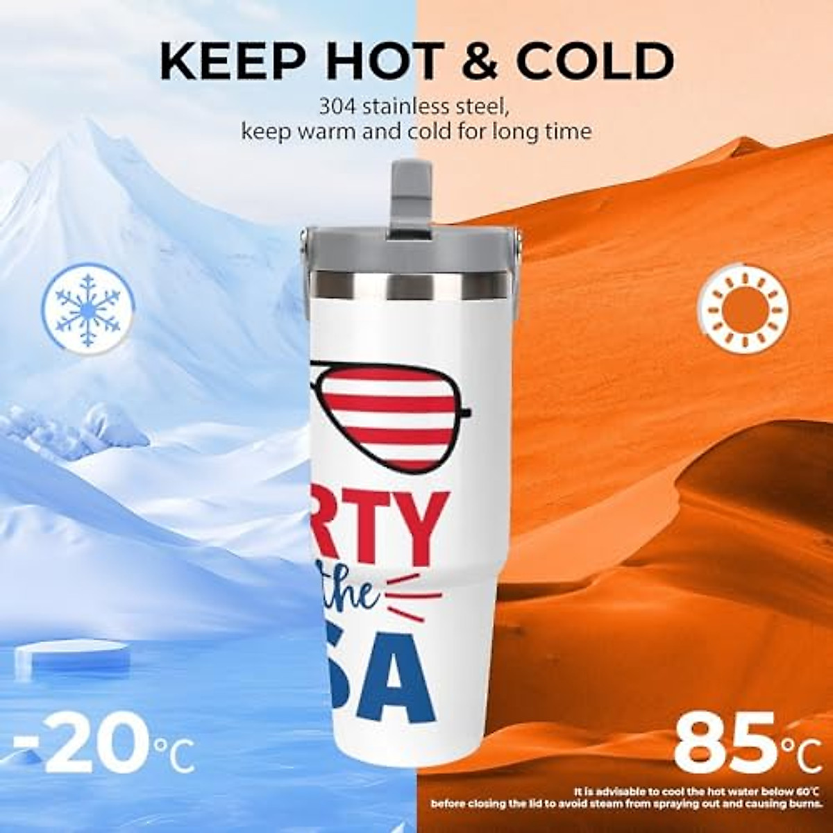 Party in The USA Sunglasses Patriotic 30 OZ Insulated Tumblers with Handle And Straw Leakproof Vacuum Insulated Stainless Steel Water Bottle for Car Fishing Travel