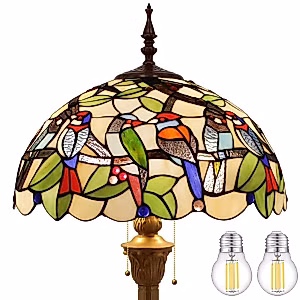 WERFACTORY Tiffany Floor Lamp Double Birds Amber Stained Glass Standing Reading Light 16X16X64 Inches Antique Pole Corner Lamp Decor Bedroom Living Room Home Office S805 Series