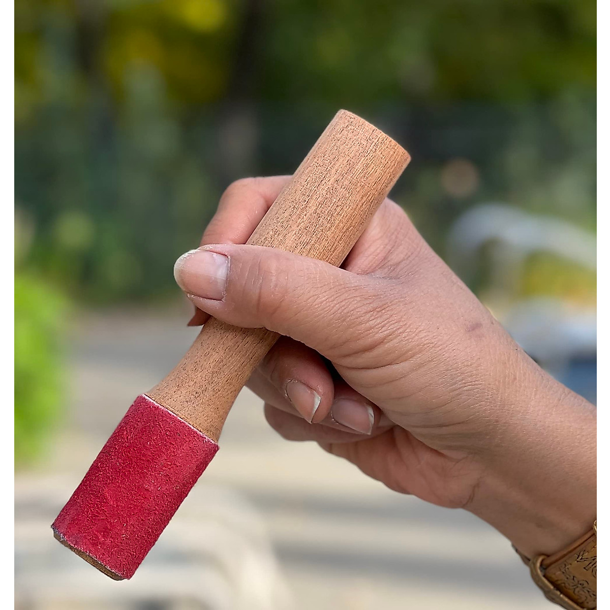 Tibetan Easy Play Hard Wood Singing Bowl Leather-Wrapped Striker, Mallet Red