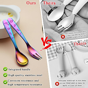 Evanda Rainbow Toddler Utensils, Rainbow Titanium Coated 6 Pieces Stainless Steel Toddler silverware set, Kids Utensils Forks and Spoons, Mirror Polished Smooth Round Tableware and Dishwasher Safe