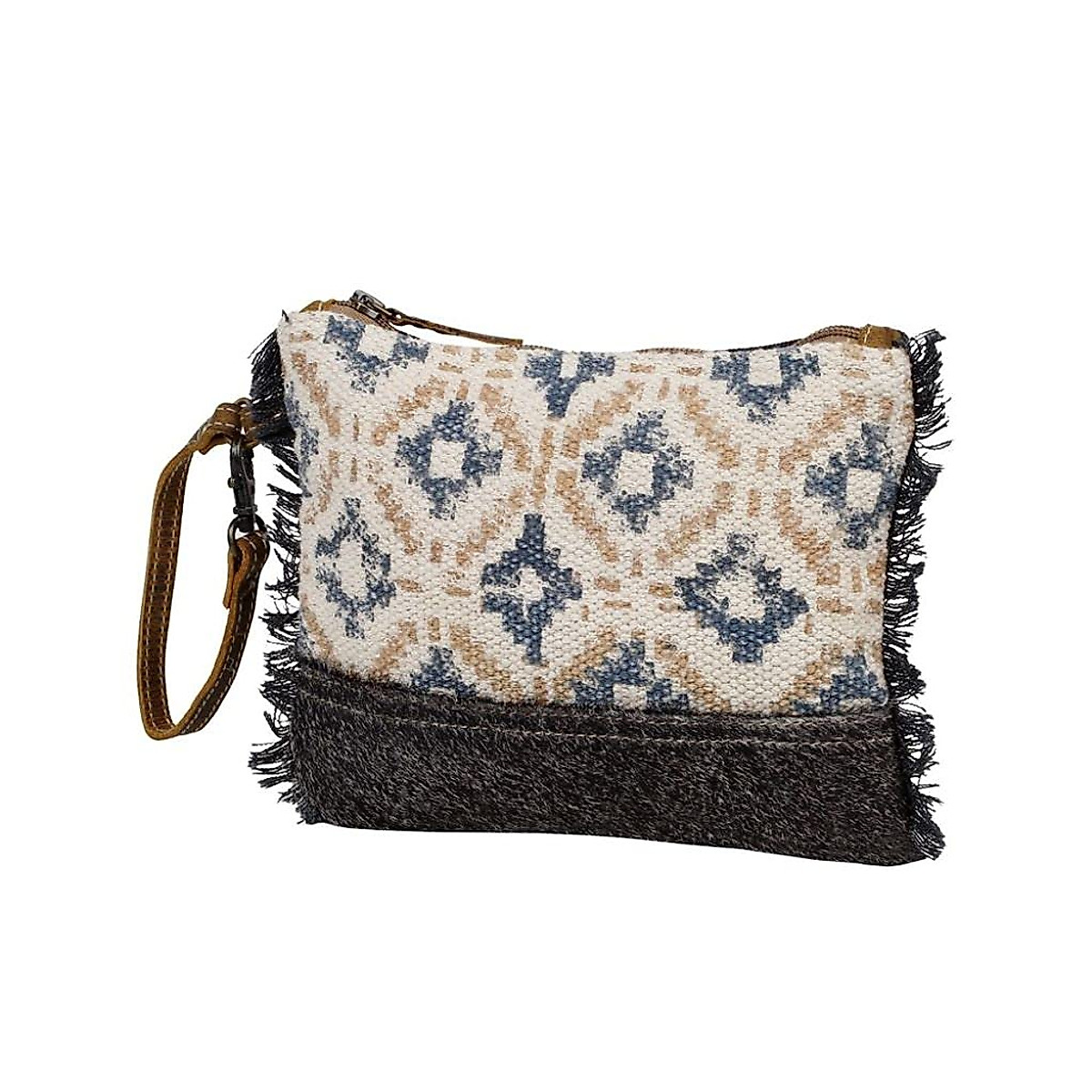 Myra Bag Exude Charm Pouch Upcycled Canvas, Rug, Leather & Cowhide S-2661