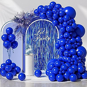FOTIOMRG 130pcs Royal Blue Balloon Garland Arch Kit, 18 12 10 5 inch Royal Blue Latex Balloons Different Sizes Pack for Graduation Baby Shower Baseball Nautical Wedding Birthday Party Decorations（with Fringe Backdrop）