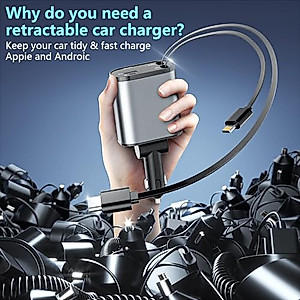 Retractable Car Charger, 4 in1 Fast Car Phone Charger 120W, 2.7Ft Retractable Cables and 4 Electronic Ports, Car Charger Compatible for iOS & Android Cell Phones All Device Charging