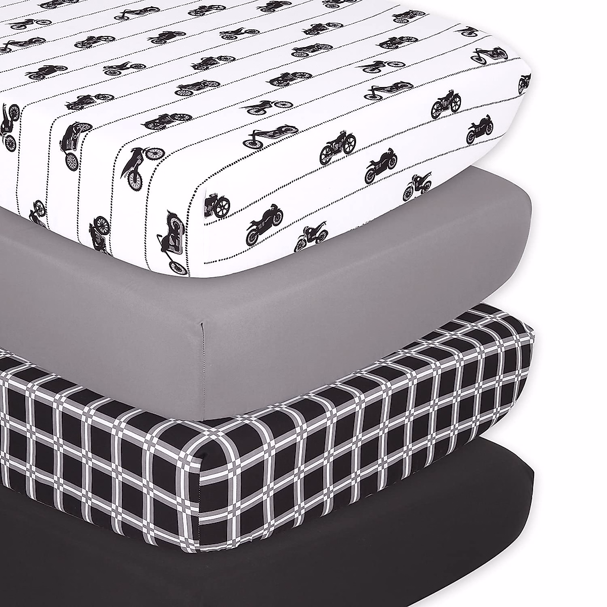 The Peanutshell Motorcycle Fitted Crib Sheet Set | Unisex 4 Pack | Motorcycle & Black Plaid