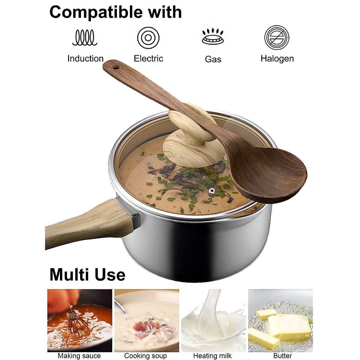 VENTION 2 Quart Stainless Steel Saucepan with Lid, Sauce Pan with Pour Spout, Small Pots for Cooking, Left Hand
