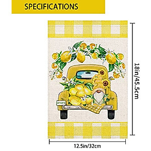 Yameeta Hello Summer Lemon Garden Flag 12.5x18 Inch Buffalo Yellow Truck with Lemons Gnome Sunflower Floral Farmhouse Decoration Double Sided Burlap Yard Lawn Outdoor Banner Flag