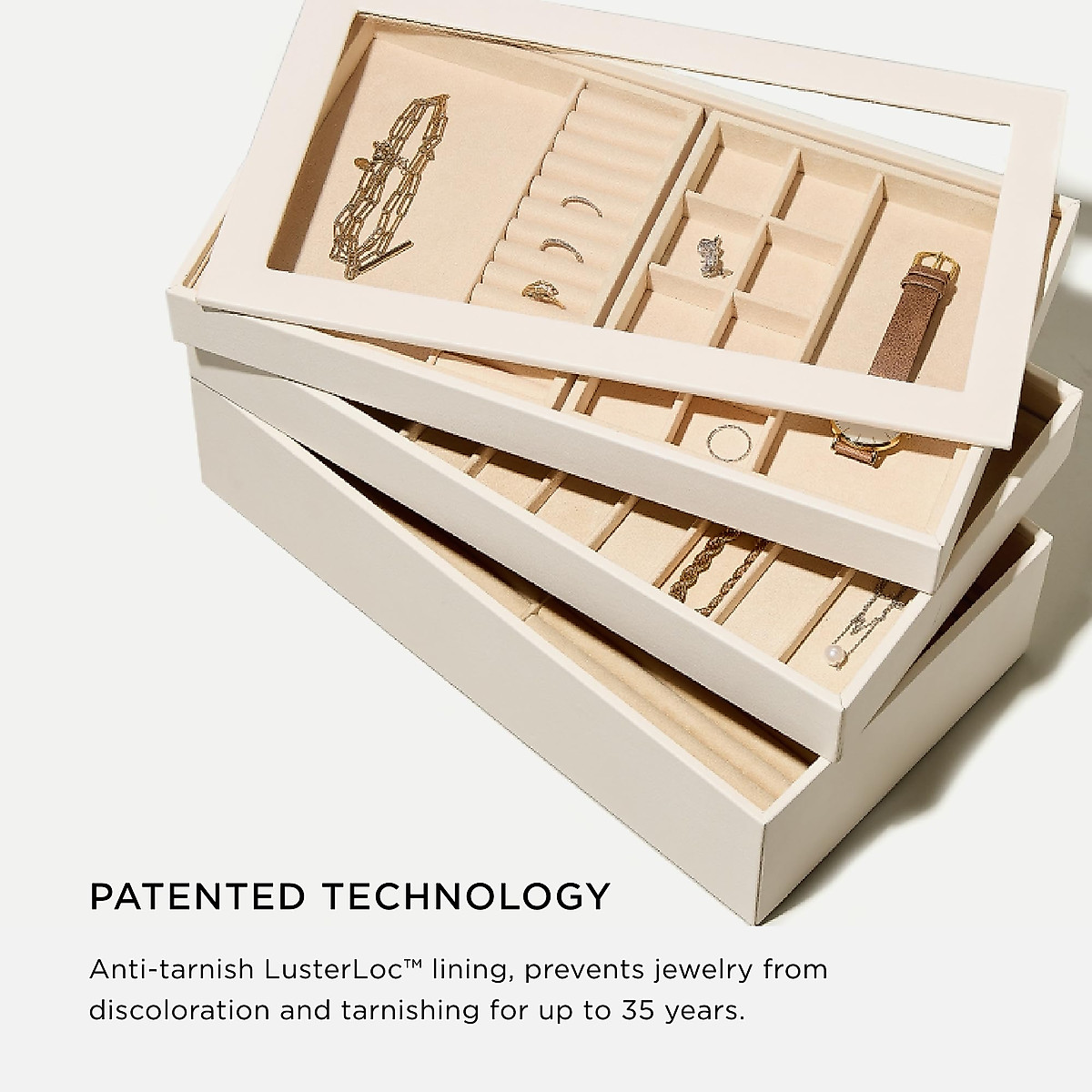 WOLF VAULT Tray Ring Insert, Beige - Includes 28 Ring Rolls - Stackable - Anti-Tarnish LusterLoc Lining - Prevents Jewelry Discoloration + Tarnishing