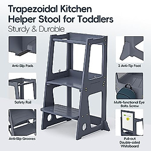 Kitchen Toddler Tower, Toddler Step Stool Learning Standing Tower with Whiteboard 2 in 1 Convertible Table and Chair, Removable Safety Rail, Widened Platforms for Kitchen Counter Bathroom Sink