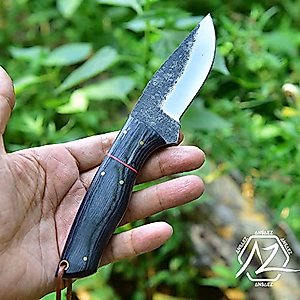 ZEASNA ZE-HK-51 Handmade Carbon Steel hunting knife with Leather Sheath Outdoor Full Tang Fixed blade Bushcraft Knife, survival knife for Hunting Camping Skinning with Wood Handle (Black)