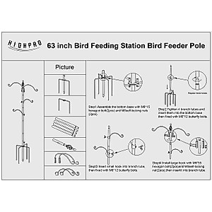 Bird Feeding Station Feeder Pole - Multi Hook 63 inches Stand for Watching Attracting Wild Bird Outdoor Hanging Pole by Highpro, 5-Prong Anchor Base