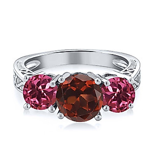 Gem Stone King 925 Sterling Silver Round Red Garnet and Pink Tourmaline 3-Stone Ring For Women (2.30 Cttw, Gemstone Birthstone, Available In Size 5, 6, 7, 8, 9)