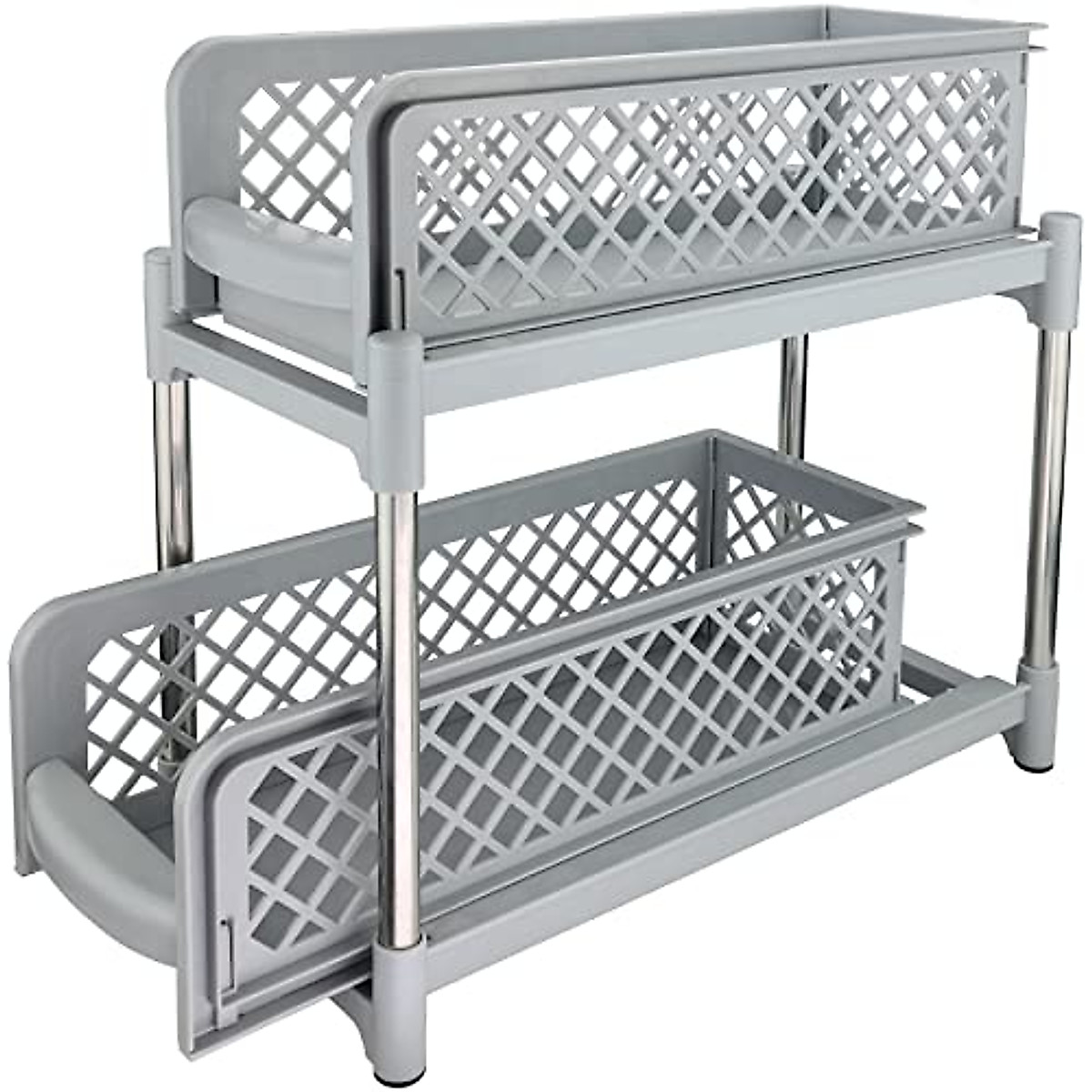 ZOINLIY Pull Out 2-Tier Storage Baskets Organizer with Handles Grey, Narrow Under Sink Organizer for Bathroom Kitchen, Cosmetic Organizer Drawers, Countertop Cabinet Storage Shelf Holder