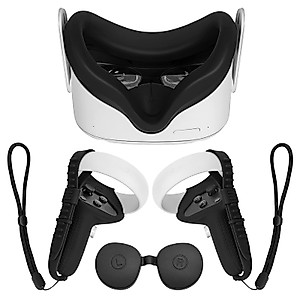 TOMSIN Touch Controller Grip Cover for Oculus Quest 2 with Silicone Face Cover, Protective Lens Cover, Silicone Handle Strap Combo, Sweatproof Lightproof Anti-Throw Accessories Set (Black)